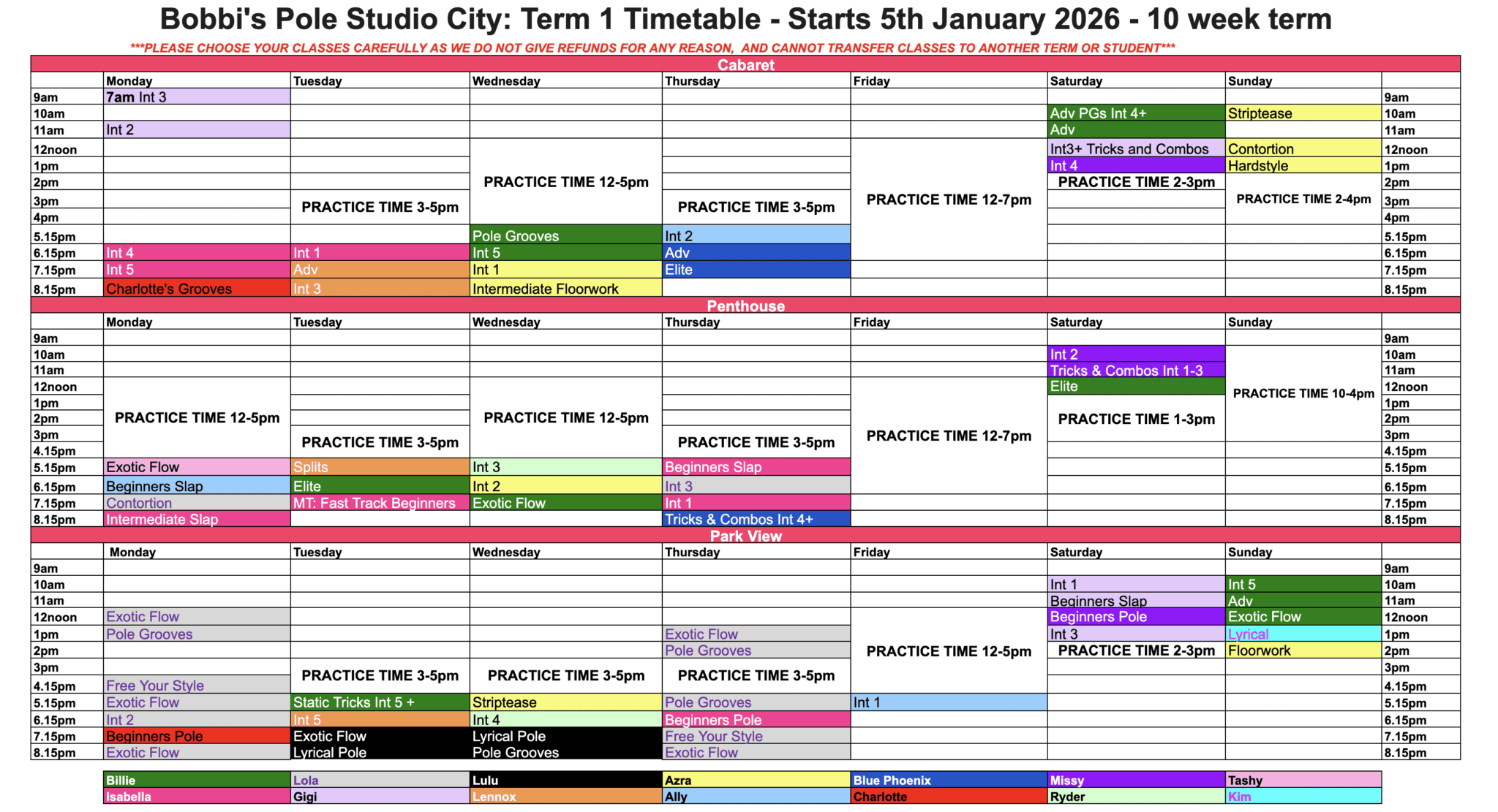 TERM 1 2026 - TIMETABLE - Bobbi's Pole Studio Sydney